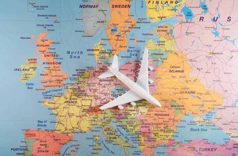 Plane on the Europe map stock image. Image of flights - 202301687
