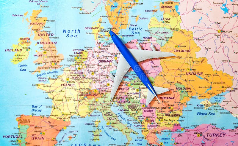 Plane on the Europe map stock photo. Image of international - 202301704