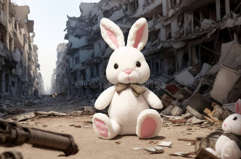 A Toy Rabbit on the Background of the Ruins of a Building after the War ...