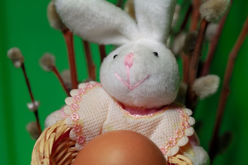 Toy Rabbit Holds a Chicken Egg in a Basket. Easter Bunny with Egg Stock ...