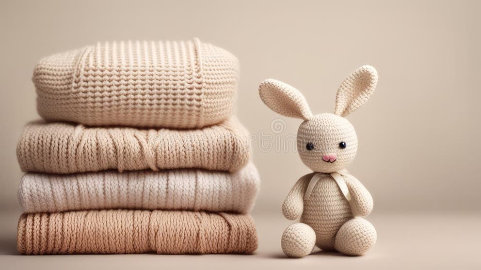 A Toy Rabbit Next To Neatly Folded Knitted Things. Stock Illustration ...