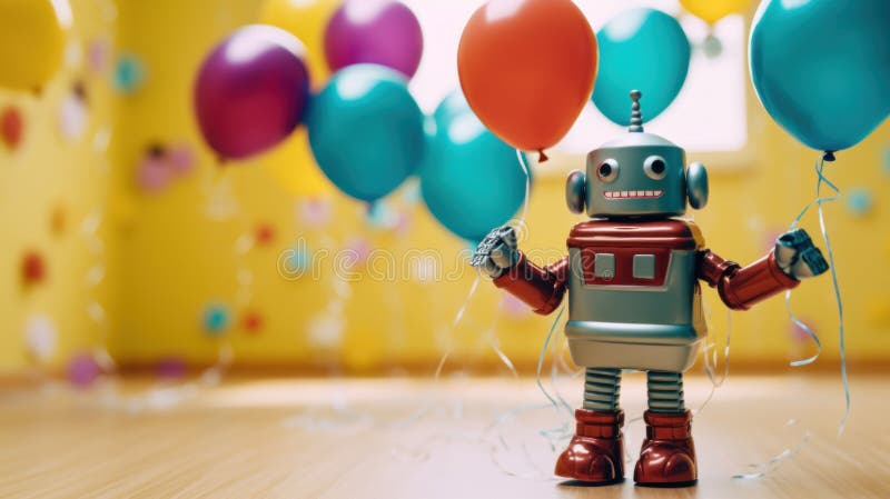 A Toy Robot Holding a Bunch of Balloons. Generative AI Image. Stock ...