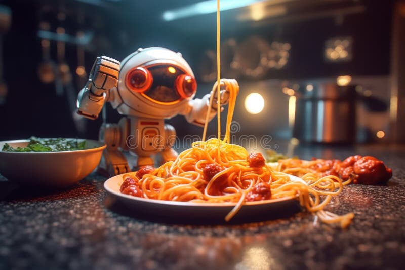 A Toy Robot is Holding a Fork Over a Plate of Spaghetti. Generative AI ...