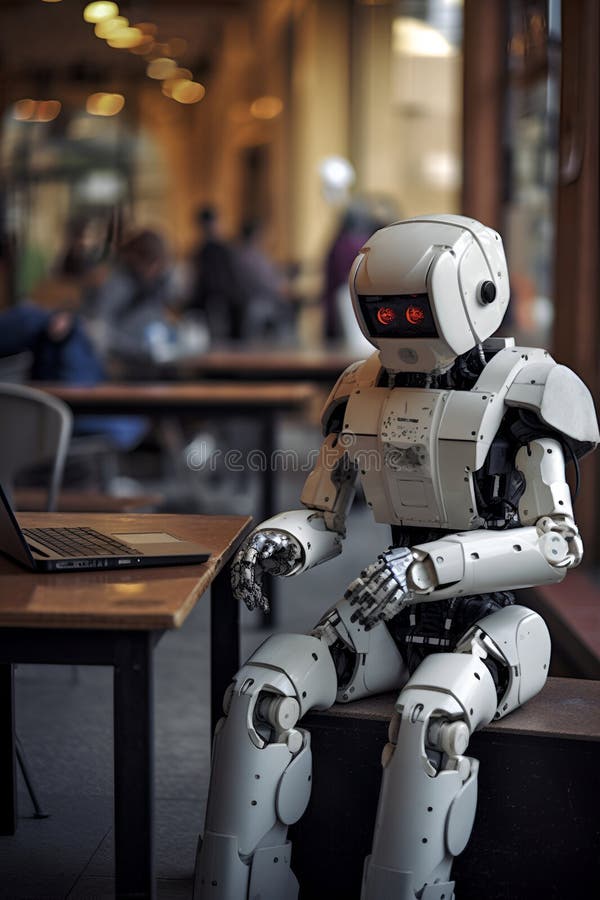 A Toy Robot is Typing on a Laptop Keyboard while Sitting, Generating an ...