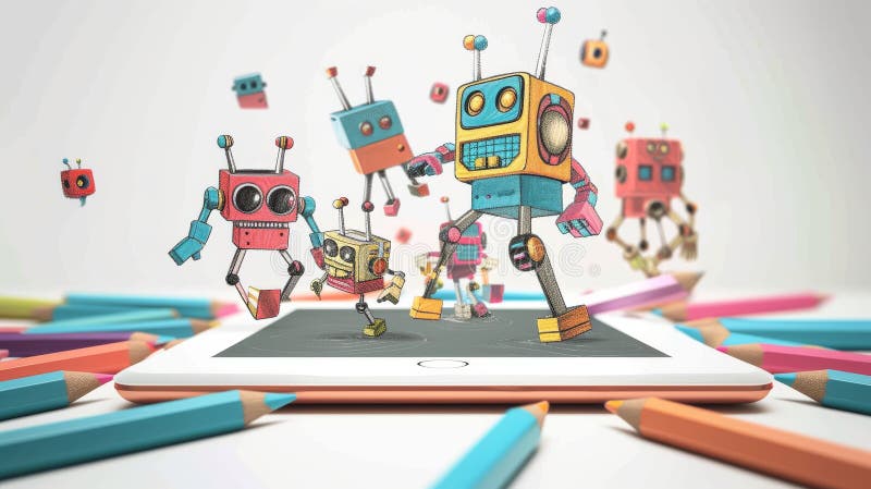 Toy Robots Dancing on Tablet in Creative Tech Scene Stock Illustration ...
