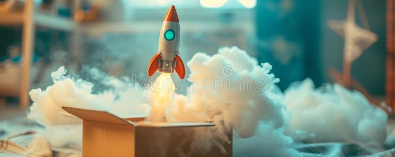 Toy Rocket Launching from a Cardboard Box in a Playroom, Childhood ...