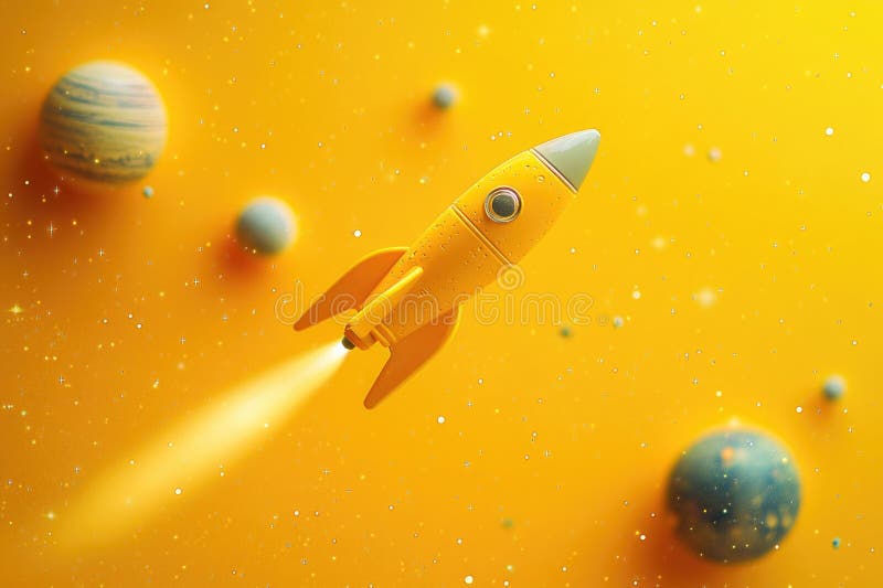 A Toy Rocket Soaring through Space with Planets and Stars in the ...