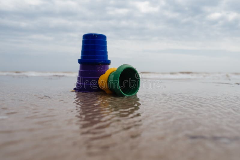 Toy Sand Bucket Bright Blue on Beach Stock Image - Image of holiday ...