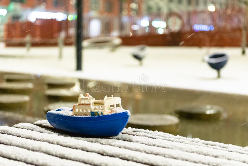 Toy ship in the snow stock image. Image of snowfall - 205567491