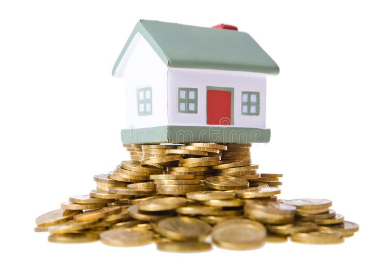 Toy Small House Standing on a Heap of Coins. Stock Photo - Image of ...