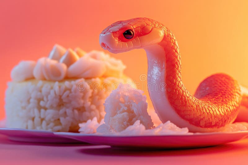 A Toy Snake Sits on Top of a Plate of Cooked Rice Stock Photo - Image ...
