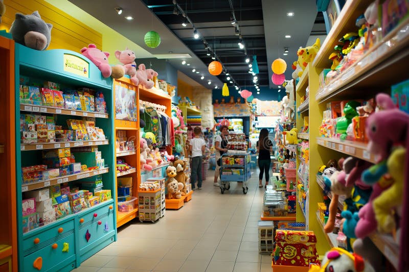Toy Store with Colorful Shelves and Customers Stock Illustration ...
