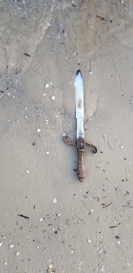 Sword on the seashore stock photo. Image of soil, leaf - 264354220