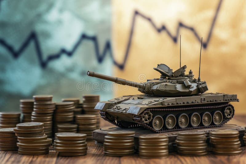 Military Tank Model Standing on Stack of Coins with Stock Chart Showing ...