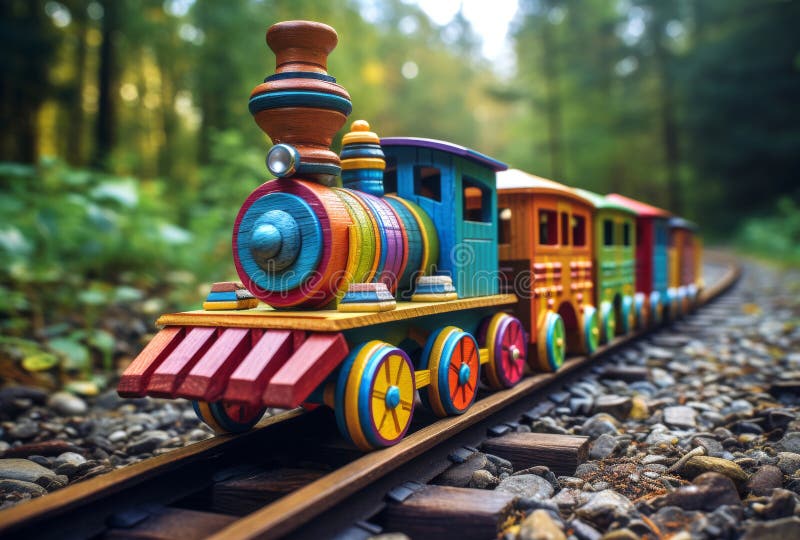Toy Train. a Colorful Toy Wooden Train Toy on the Tracks in the Forest ...