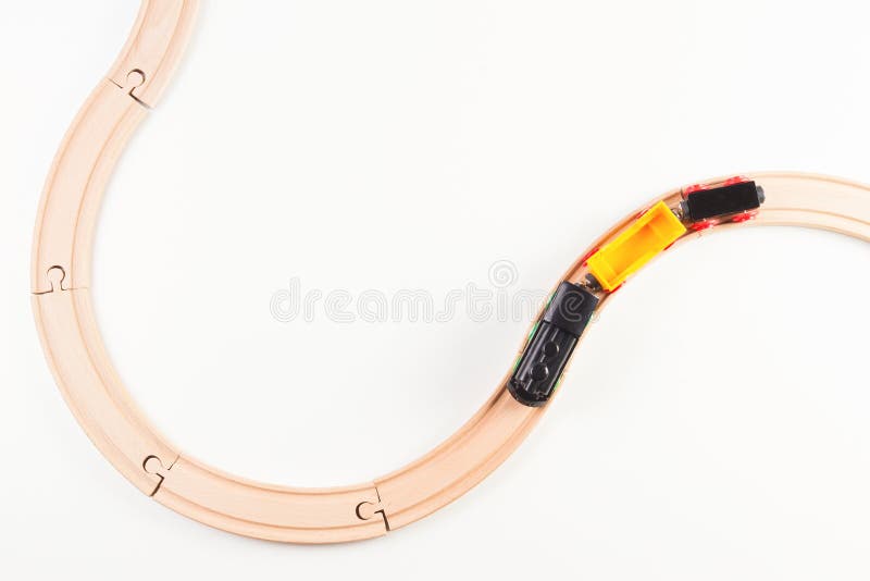 Toy Train on Curve Wooden Railways. Top View. Stock Photo - Image of ...