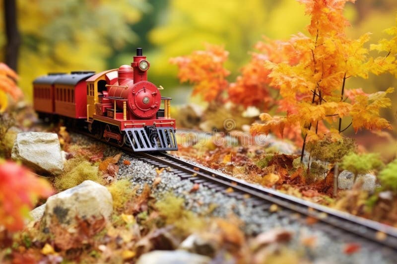 Toy Train Engine Model Track Amid Fake Fall Foliage Stock Photos - Free ...