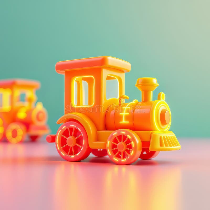 Toy Train Engine with Orange Wheels on Light Blue Background Stock ...