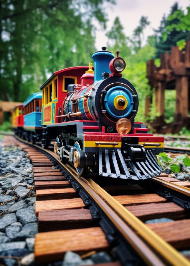 Toy Train Moving on the Tracks in the Forest Stock Image - Image of ...