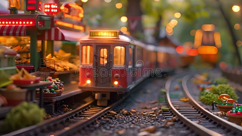 Toy Train Moving on Tracks in Small-scale Town Model. at the Amusement ...