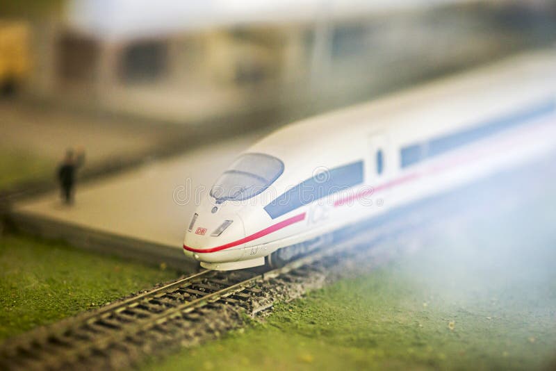Toy Train on the Rails. Train Model on the Model Railway Stock Photo ...