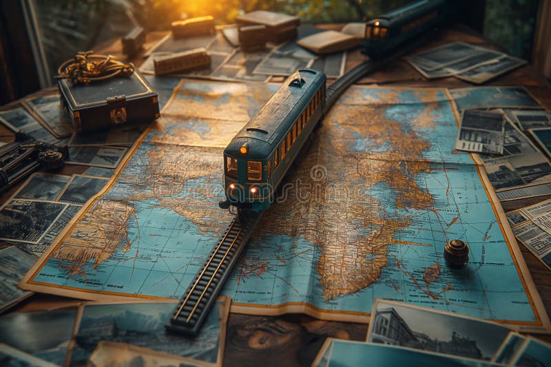 Toy Train Running on Old Map. Stock Illustration - Illustration of ...