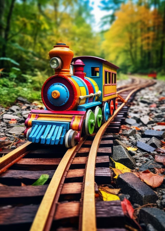 Toy Train Running on the Tracks in the Forest Stock Photo - Image of ...