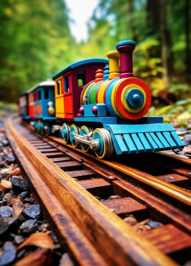 Toy Train Running on the Tracks in the Forest Stock Photo - Image of ...