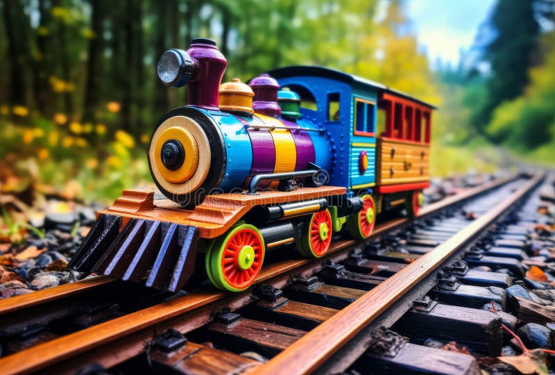 Toy Train Running on the Tracks in the Forest Stock Image - Image of ...