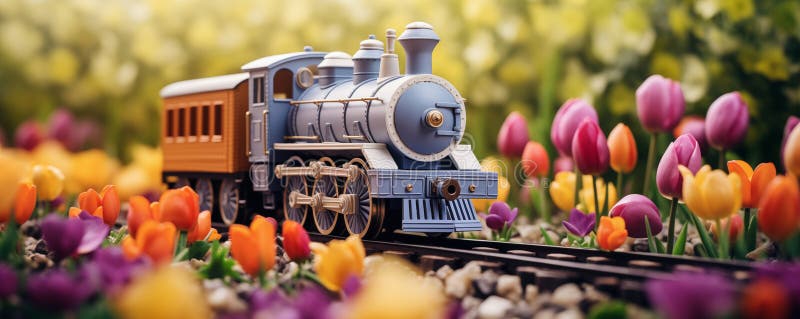 Toy Train Surrounded by Spring Blossoms, Easter Decorations, Generated ...