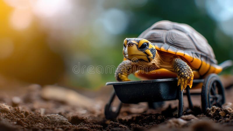 Toy Turtle in Wheelbarrow on Soil with Blurred Natural Background Stock ...