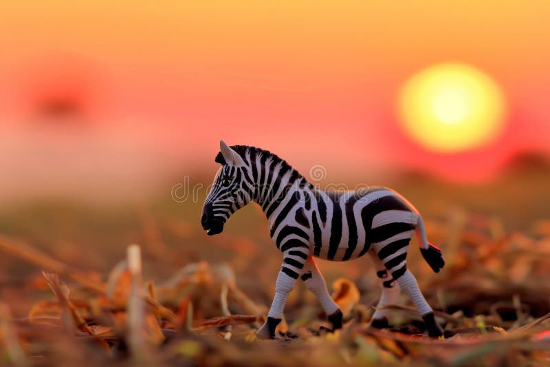 Toy Zebra in Savannah with an African Sun Setting Stock Image - Image ...