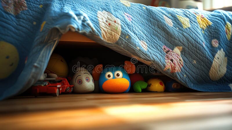 Toys Hiding Under a Blanket Fort on Wood Floor Stock Illustration ...
