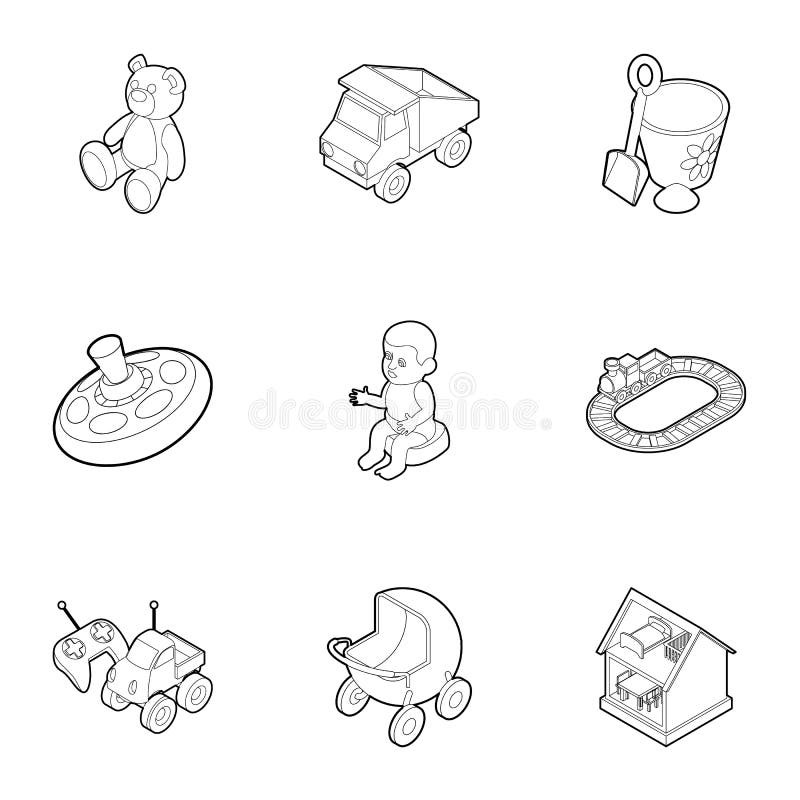 Toys Icons Set, Outline Style Stock Vector - Illustration of railway ...
