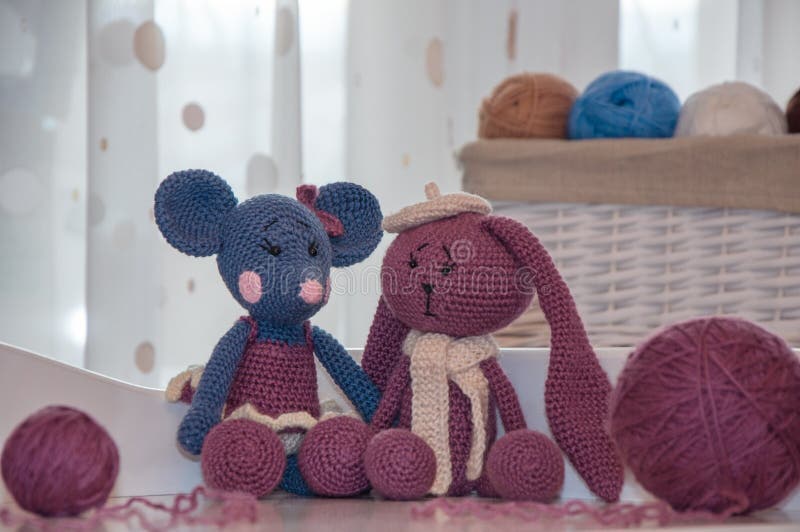 Toys Knitted Hook, Mouse and Rabbit Stock Image - Image of knitted ...