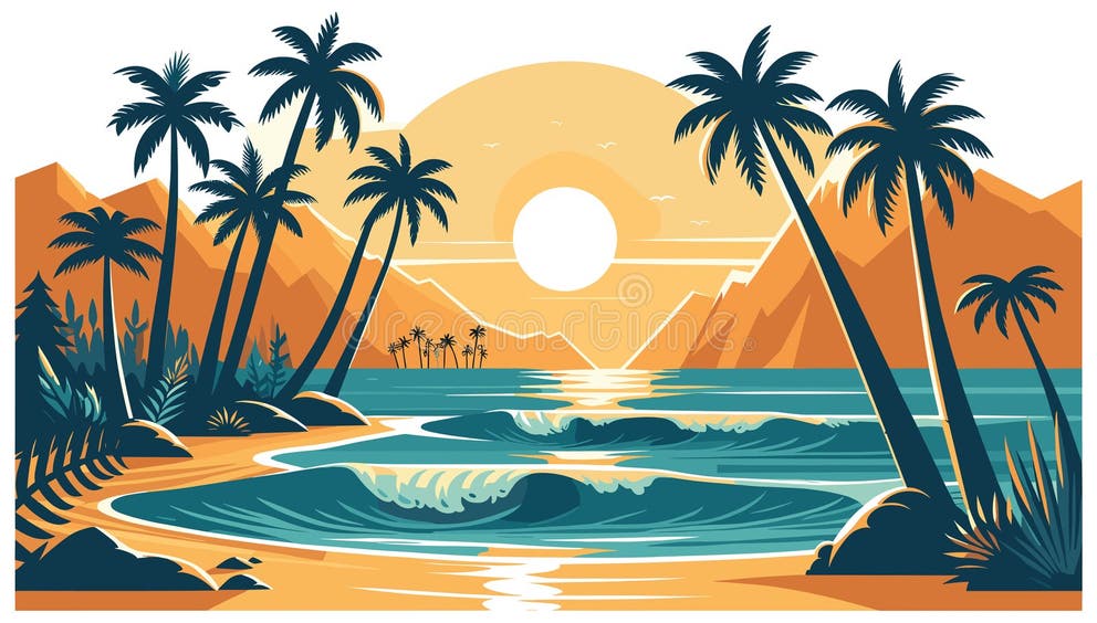 Tropical Beach at Sunset Retro Illustration, Orange and Teal, Perfect ...
