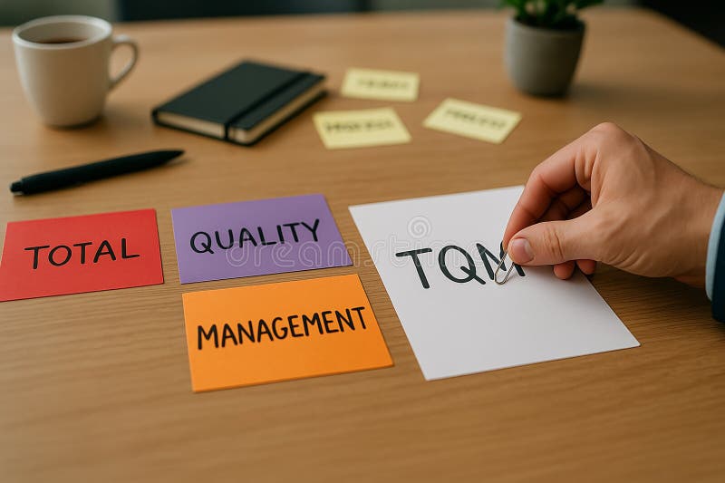 TQM Total Quality Management Conceptual Layout with Colored Cards on ...