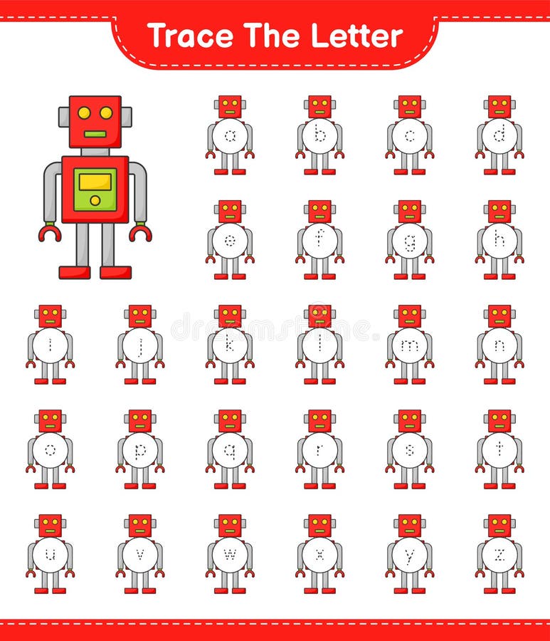 Trace the Letter. Tracing Letter Alphabet with Robot Character Stock ...