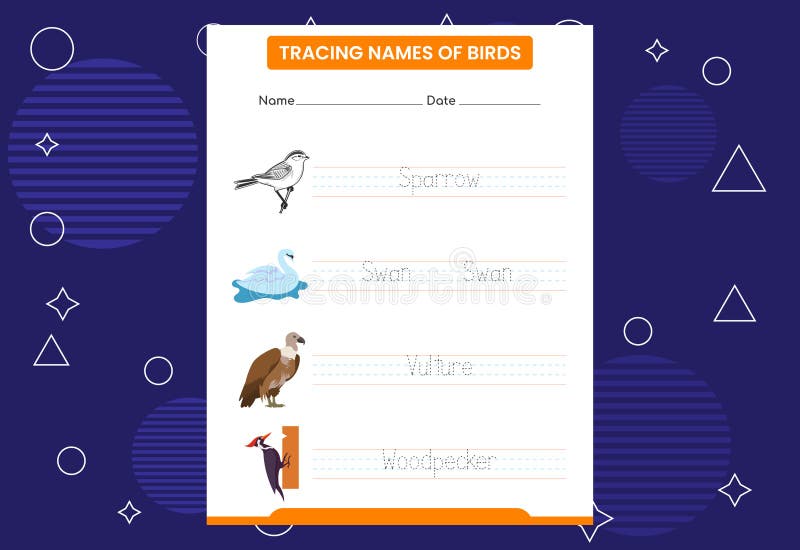 Trace the Names of Birds. Handwriting Practice for Preschool Kids Stock Vector - Illustration of ...