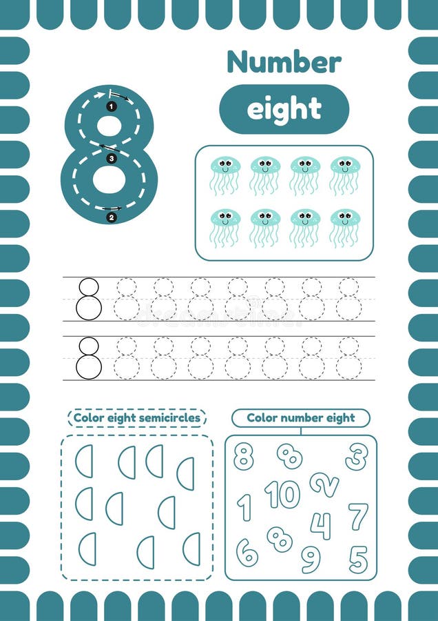 Trace Number Eight. Activity Page with Many Exercises for Kids Stock ...