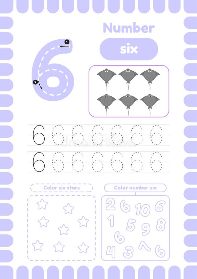 Trace Number Six. Activity Page with Many Exercises for Kids, Coloring ...