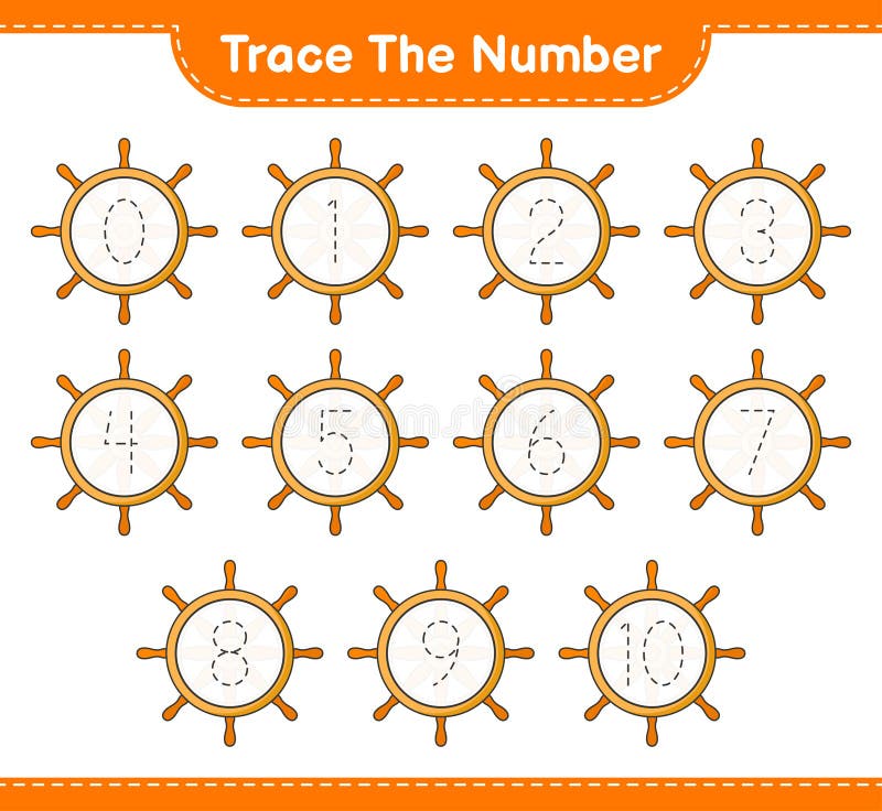Trace the Number. Tracing Number with Ship Steering Wheel Stock Vector ...