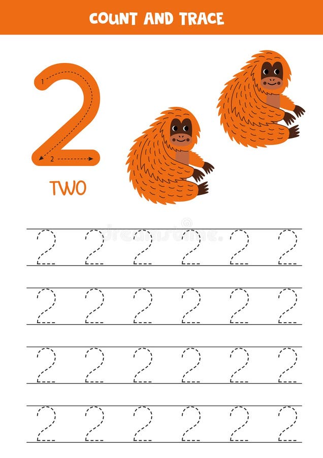 Trace Numbers. Number 2 Two. Cute Cartoon Orangutan. Stock Vector ...