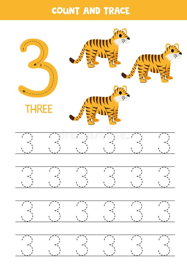 Trace Numbers. Number 3 Three. Cute Cartoon Tigers. Stock Vector ...