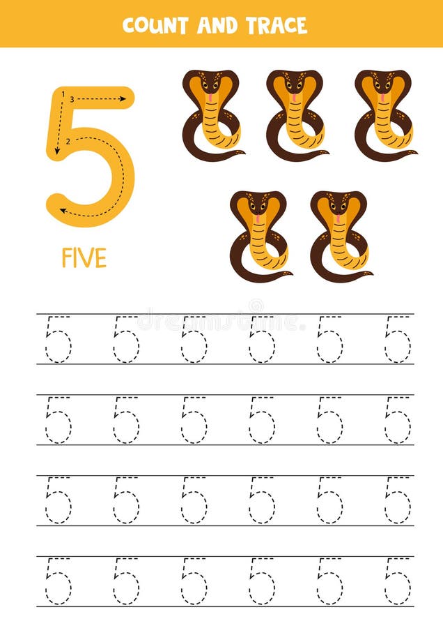 Trace Numbers. Number 5 Five. Cute Cartoon Cobras. Stock Vector ...