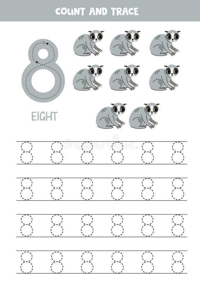 Trace Numbers. Number 8 Eight. Cute Cartoon Slow Loris. Stock Vector ...