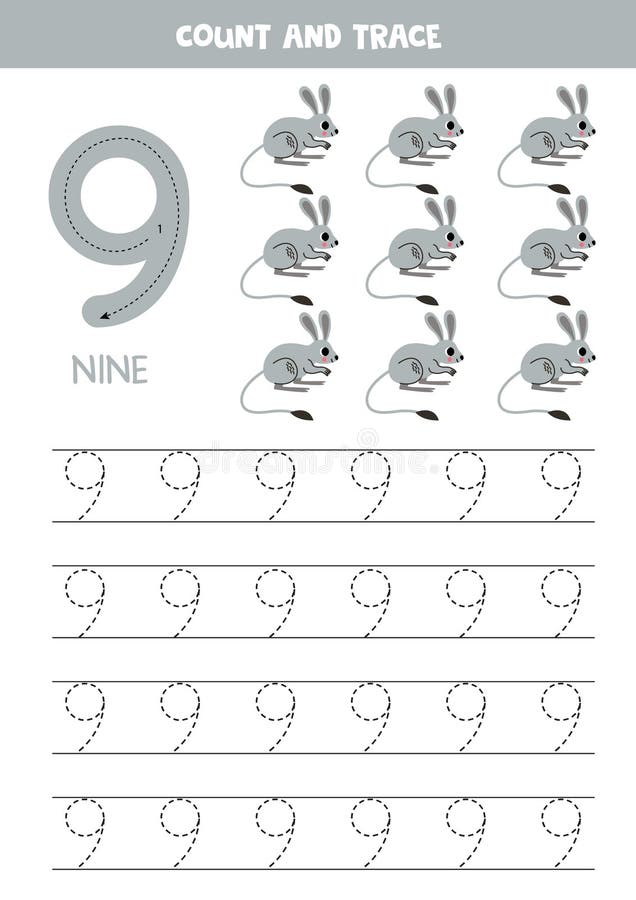 Trace Numbers. Number 9 Nine. Cute Cartoon Jerboa. Stock Vector ...