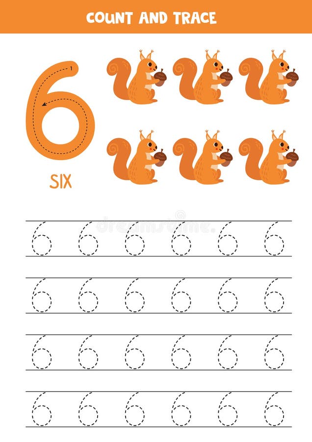 Trace Numbers. Number 6 Six. Cute Squirrels Stock Vector - Illustration ...