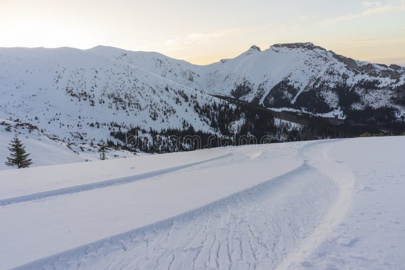 A Trace of Skis on Snow Against a Background of Mountains. Tatry. Stock ...