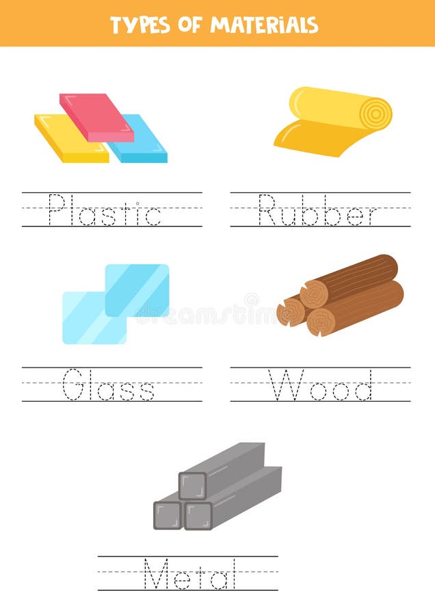 Tracing Names of Material Types. Writing Practice. Stock Vector ...